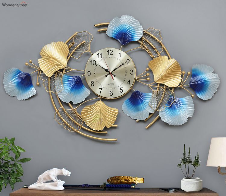 Buy Golden and Blue Metal Wall Clock and Wall Hanging @0% OFF Online ...