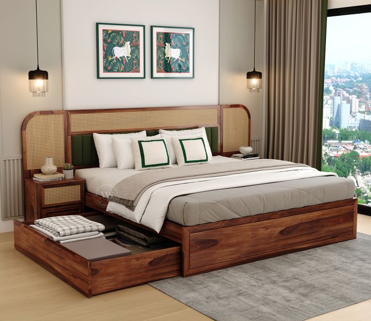 Buy Serah Premium Sheesham Wood Bed with Cane & Velvet Headboard ...