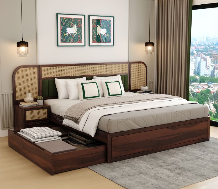 Buy Serah Premium Sheesham Wood Bed with Cane & Velvet Headboard ...