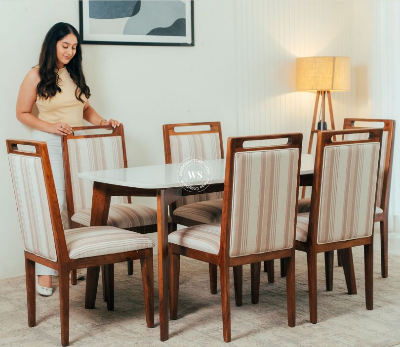 Buy Hazel 6 Seater Sheesham Wood Dining Table Set with Marble Top (Teak ...