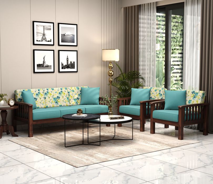 Buy Olympia 3+1+1 Sheesham Wood Sofa Set (Walnut Teal Aqua Marine) @40% OFF Online | Wooden Street